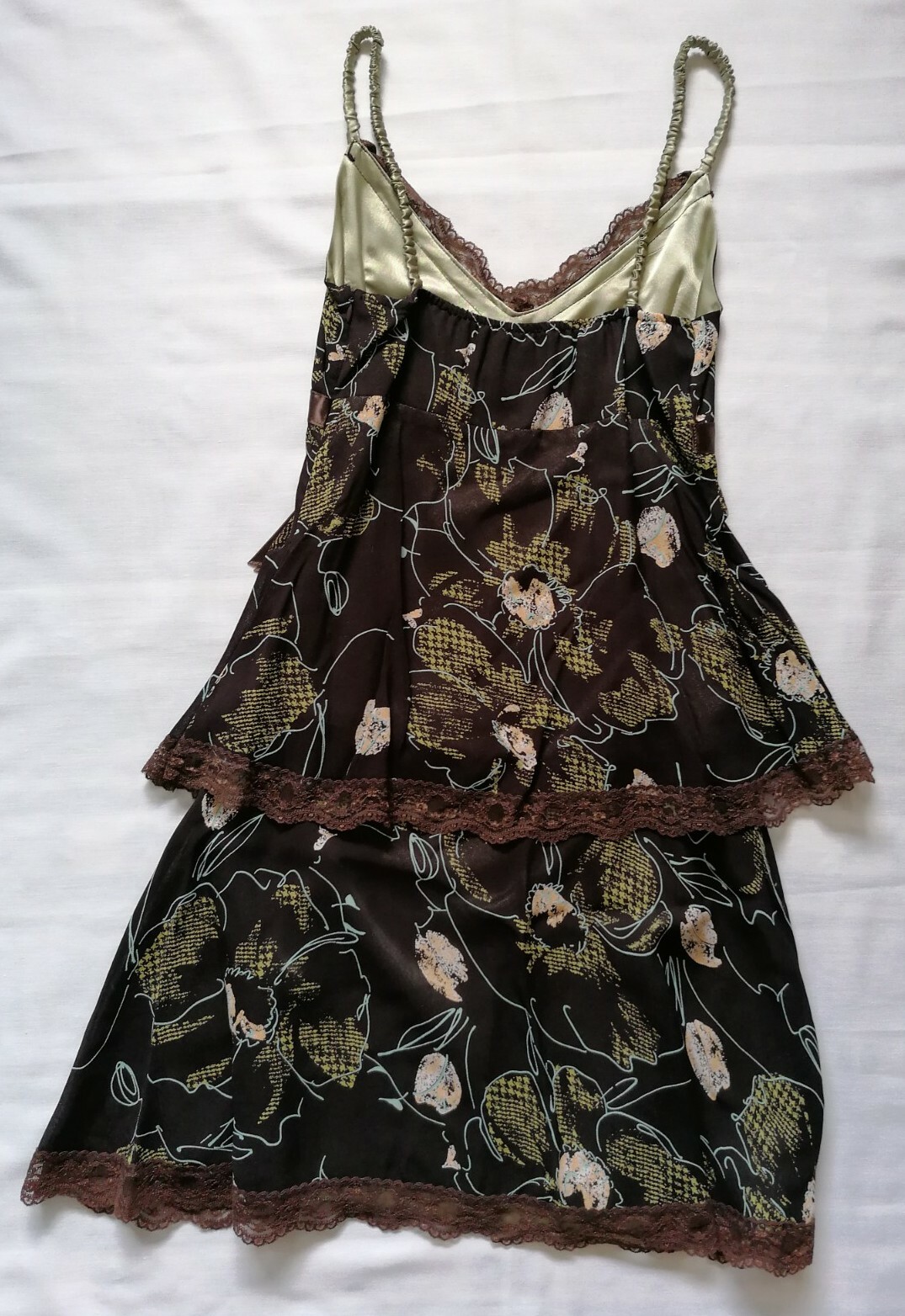 LM Lulu Paris Tired Lace and Satin Brown Floral Dress… - Gem