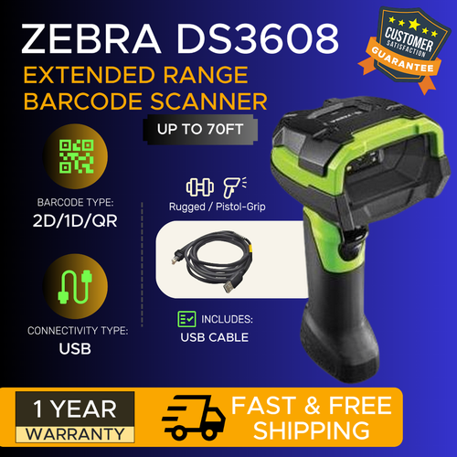 Zebra DS3608 Extended Range 1D/2D/QR Barcode Scanner USB, 1 YEAR ...