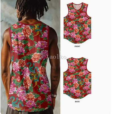 Chinese Dongbei Style Mens Summer Floral Print Top Sleeveless Tank top ...