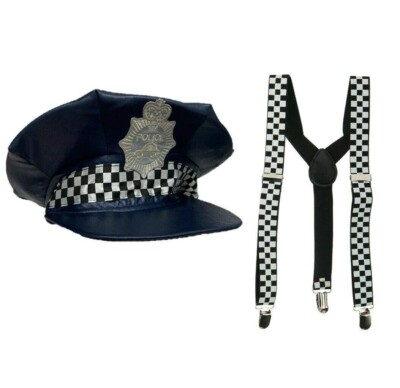 Police Hat and Checkered Suspenders Fancy Dress Cops and Robbers Party ...