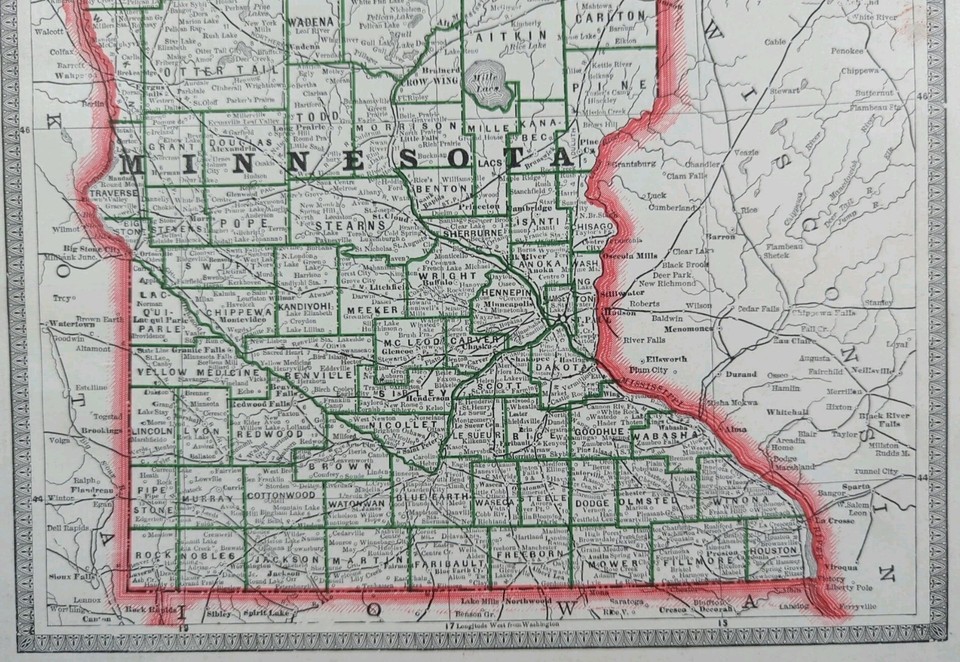 Vintage 1884 MINNESOTA Map 11"x13" ~ Old Antique Original MINNEAPOLIS ...