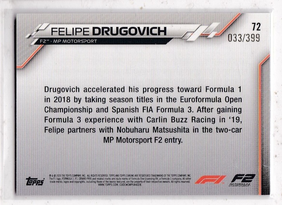 2020 Topps Chrome Formula 1 #72 Felipe Drugovich Purple Refractor 33/ ...