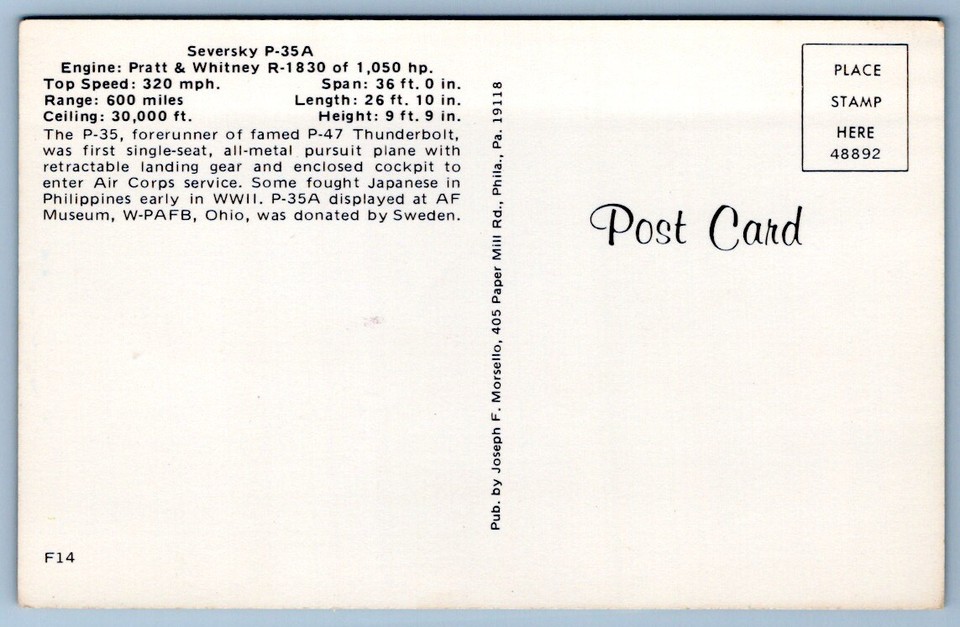Postcard Seversky P-35 A fighter aircraft WWII Plane stats on back B11 ...