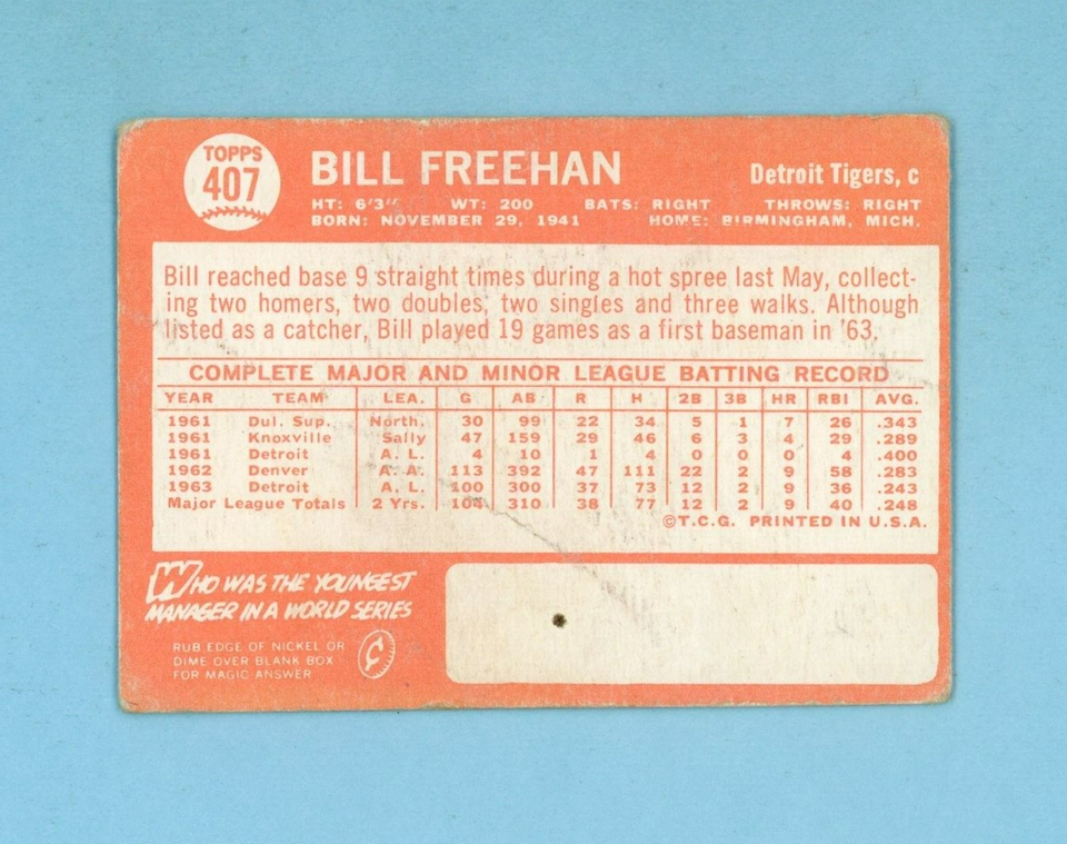 1964 Topps #407 Bill Freehan Detroit Tigers Baseball Card Low Grade | eBay