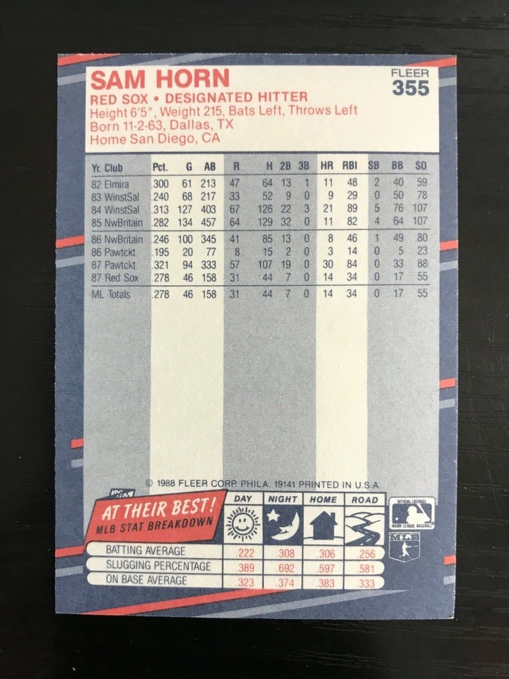 1988 Fleer #355 Sam Horn Red Sox Designated Hitter Baseball Card Mint ...