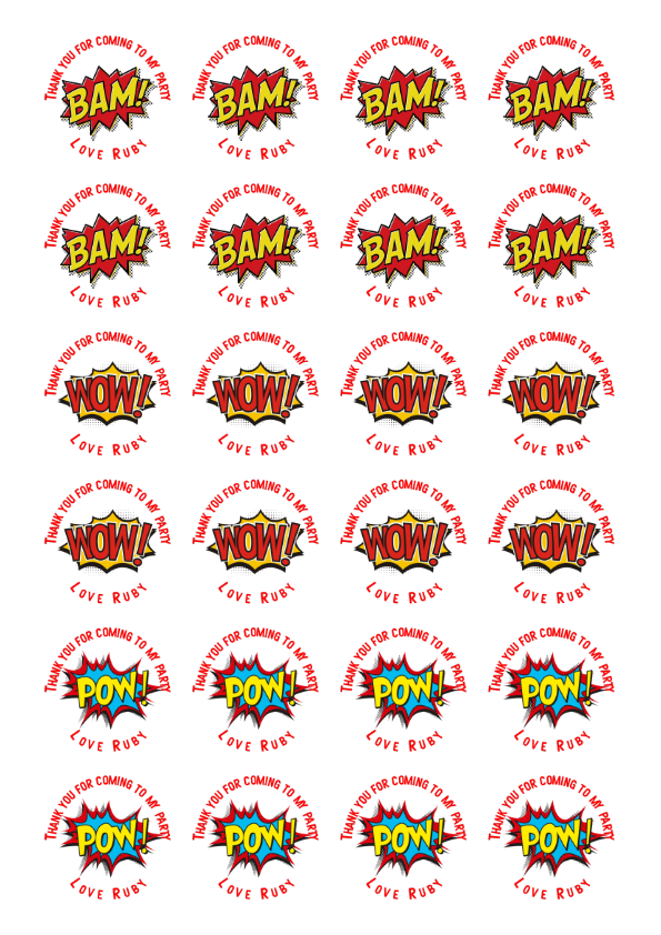 Personalised Comic Pow Bam Kapow Birthday Thank You Party Stickers ...