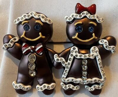 NAPIER Gingerbread Mr and Mrs Brooch Pin Brown White Cookie Rhinestones ...