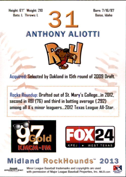 2013 Midland RockHounds Grandstand #1 Anthony Aliotti Boise Idaho Baseball Card | eBay