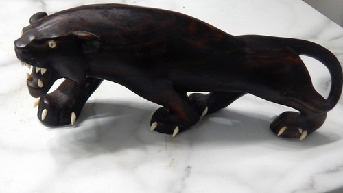 ULTRA RARE! Hand Carved Ebony Wood Panther w White Bone Teeth and Claw ...