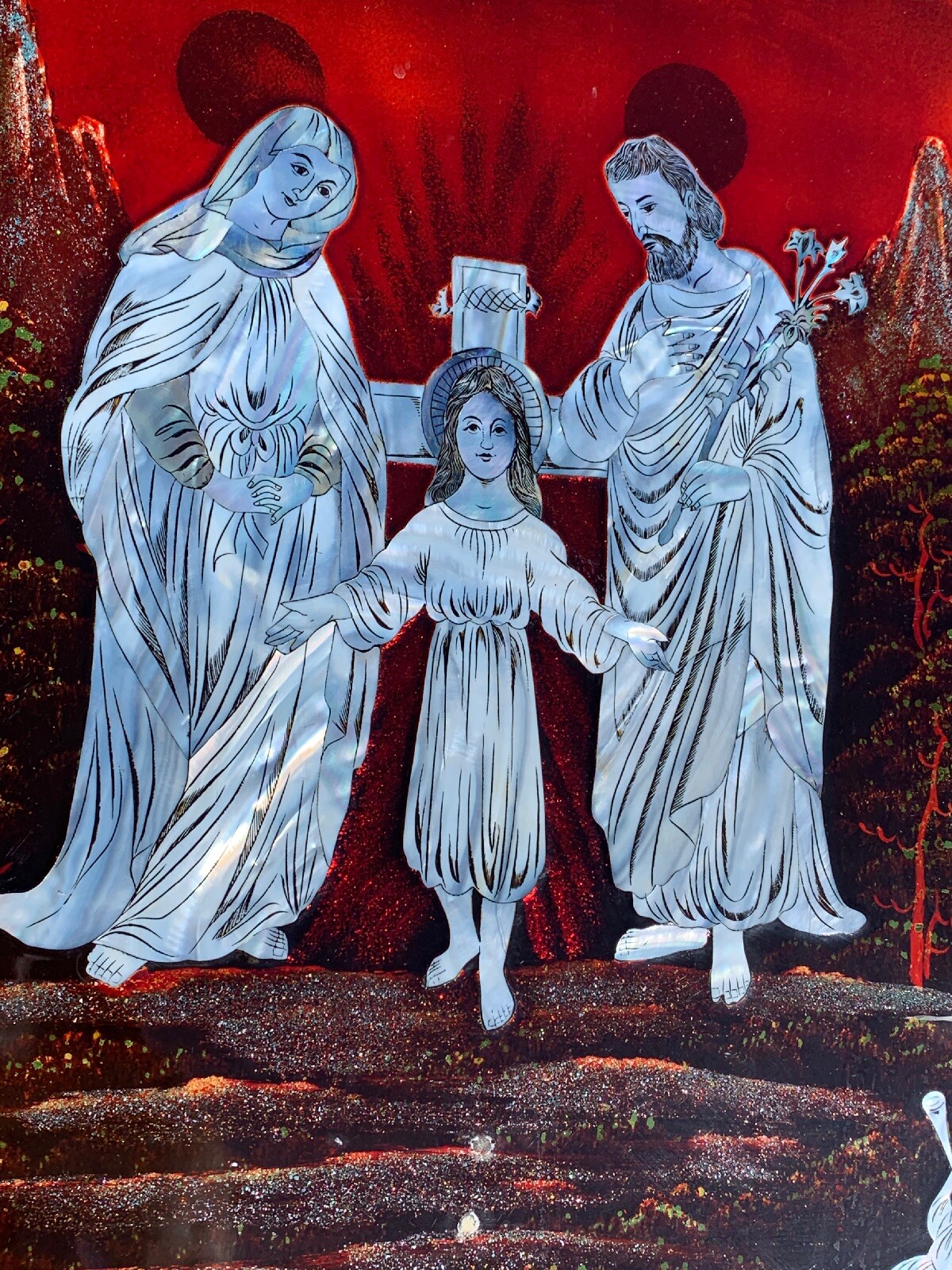 Jesus Mother Mary Joseph CATHOLIC Inlaid Mother Of Pearl Lacquered Wood ...
