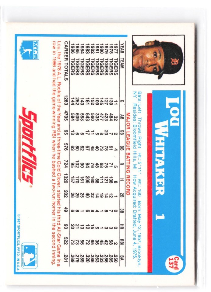 1987 Sportflics #137 Lou Whitaker | eBay