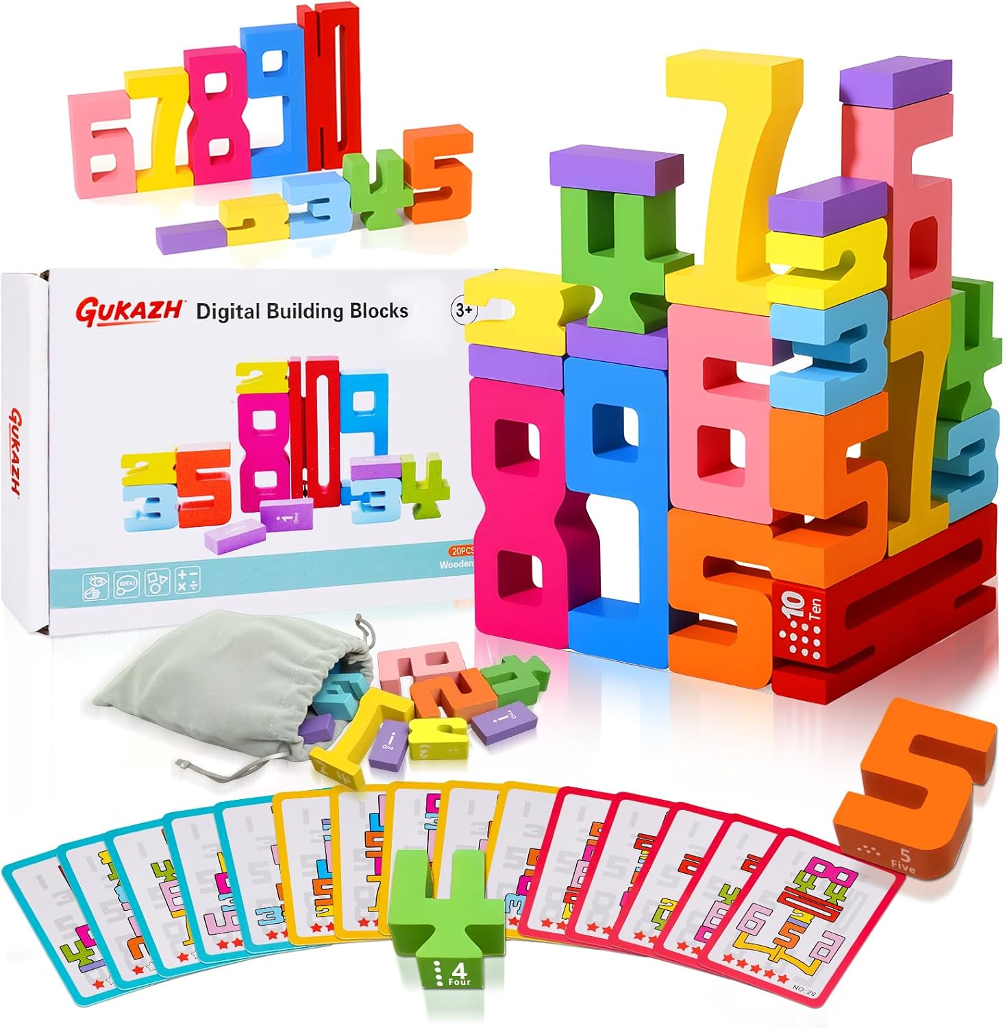 Wooden Number Building Blocks 20 Pcs Stacking Toys for Kids, Math ...