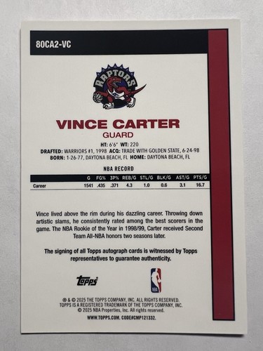 2025-26 Topps Chrome Vince Carter Auto 1/25 Orange On Card #80CA2-VC ...