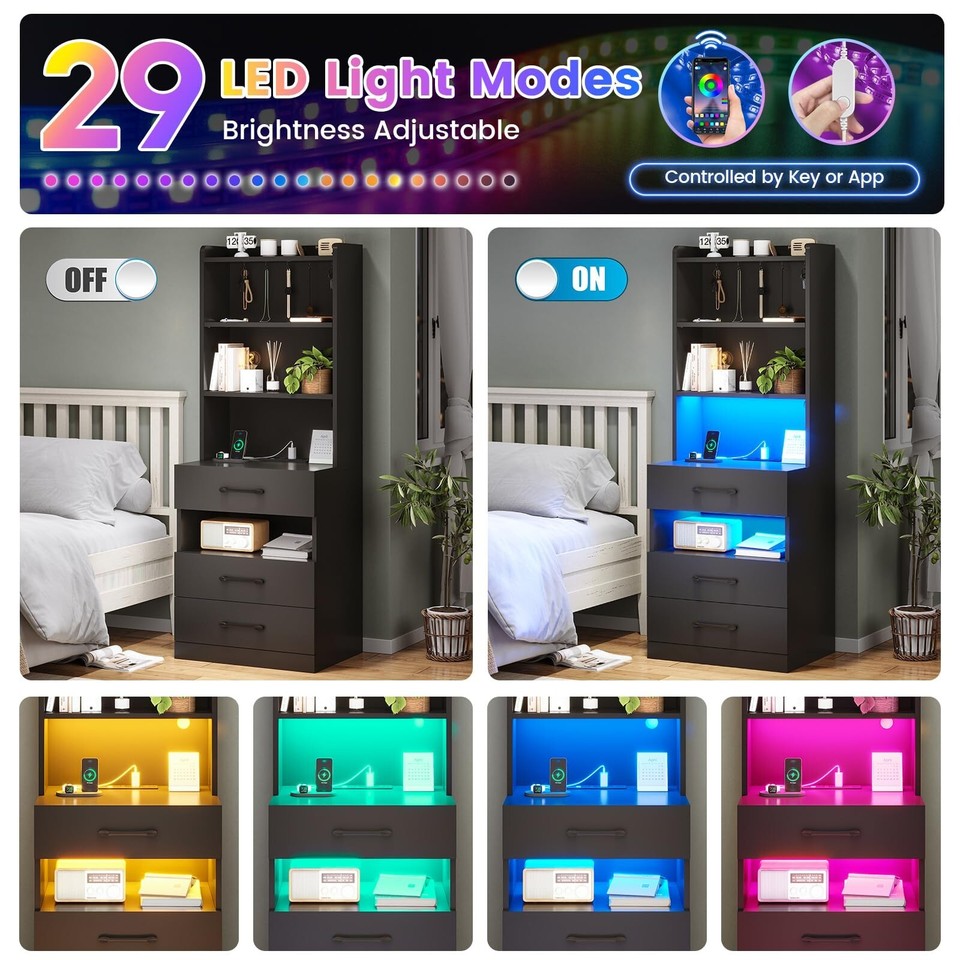 Tall Night Stand with LED Lights, Black Nightstand with 3 Drawers for ...