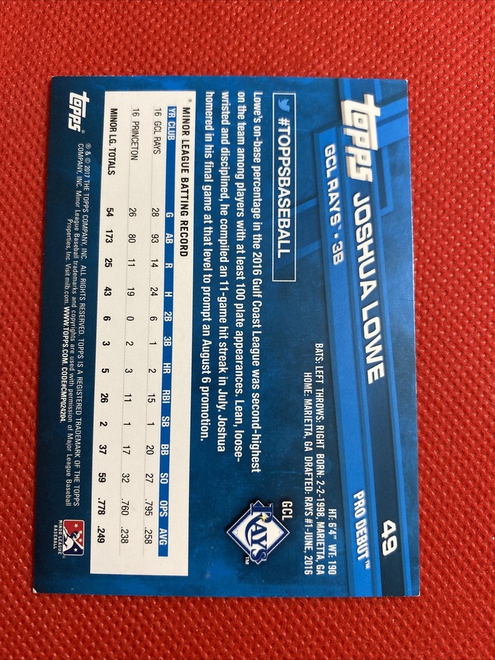 2017 Topps Pro Debut Joshua Lowe #49 RC Auto Signed Autograph Rays | eBay