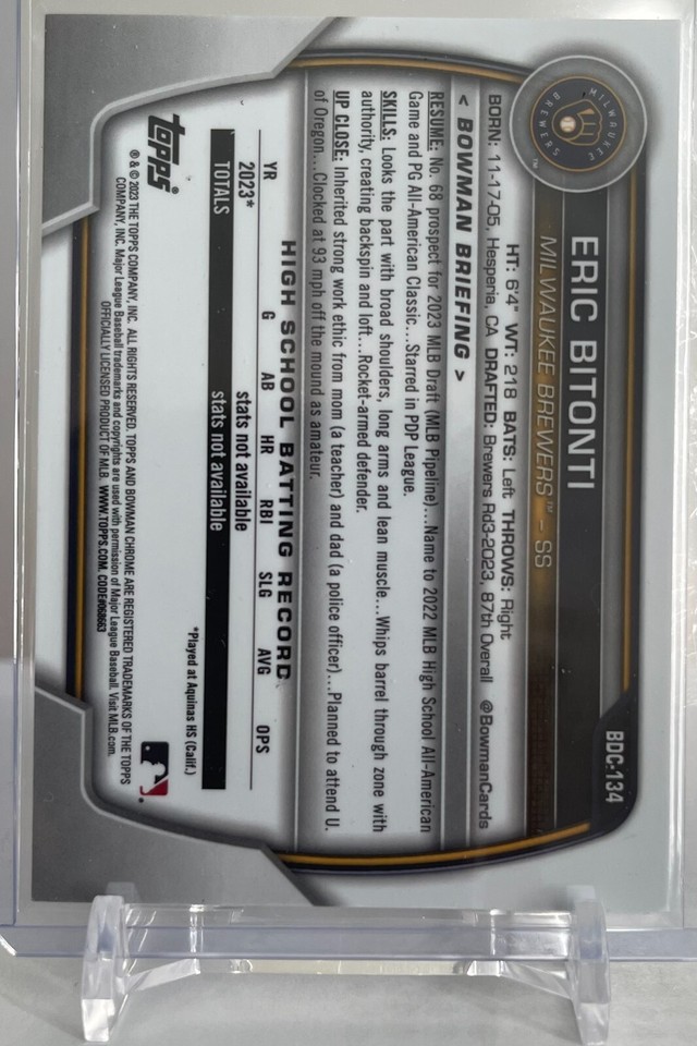 2023 BOWMAN CHROME DRAFT ERIC BITONTI 1ST /125 Aqua Wave #BDC-134 ...