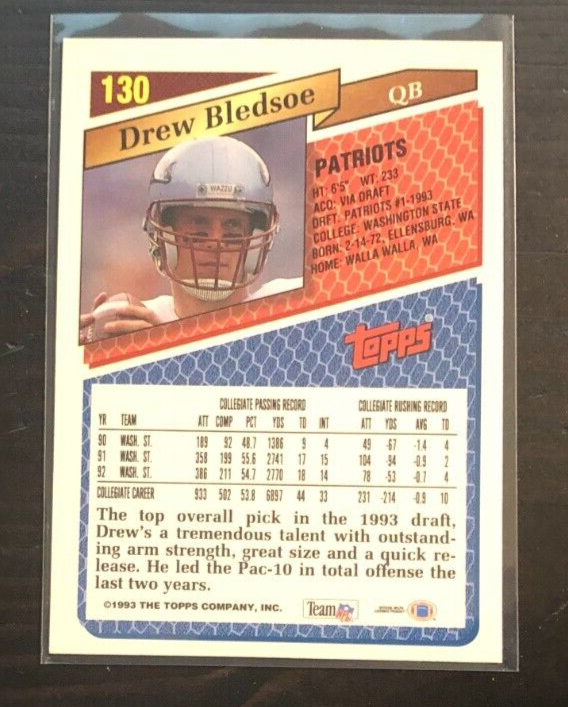 1993 Topps DREW BLEDSOE Rookie Card RC #130 Patriots | eBay