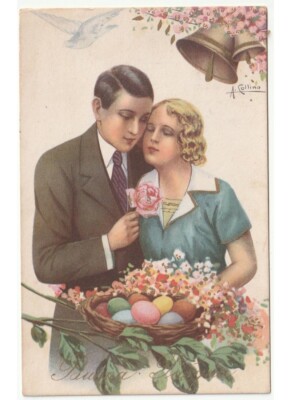 1938 A. Collino Innamorati Easter Basket Eggs Bells Postcard Happy ...