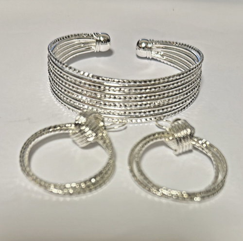 Silver Two Pieces Bangle Bracelet Earring Charm Womens Jewerly Wedding ...