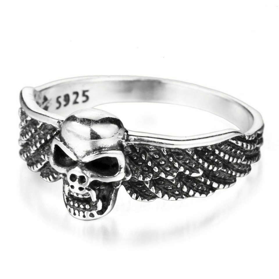 935 Argentium Silver Devil Skull Ring Angel Wings Band Unique Fashion ...