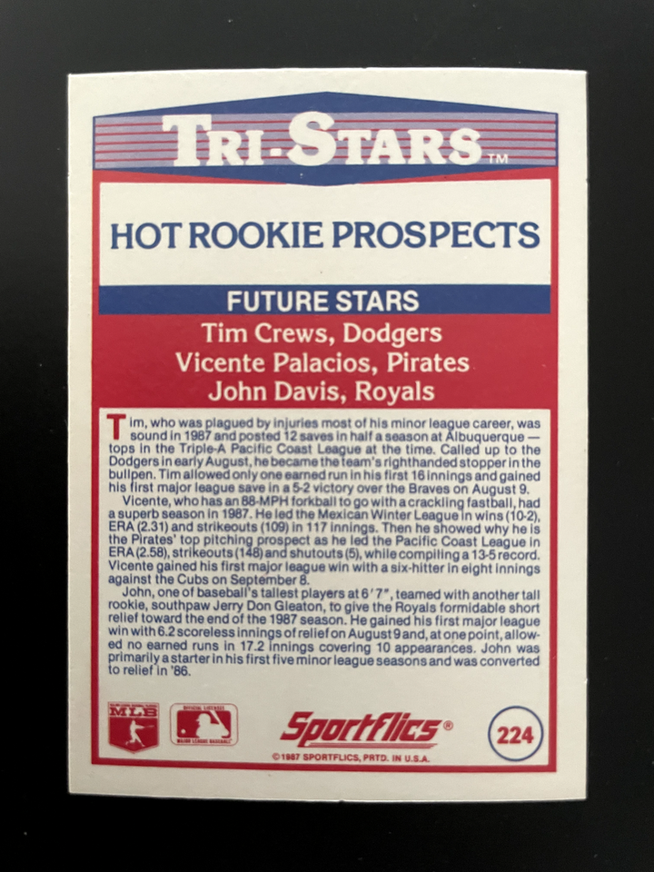 Rookie Prospects, Tim Crews, Vicente Palacios, John Davis; 1988 ...