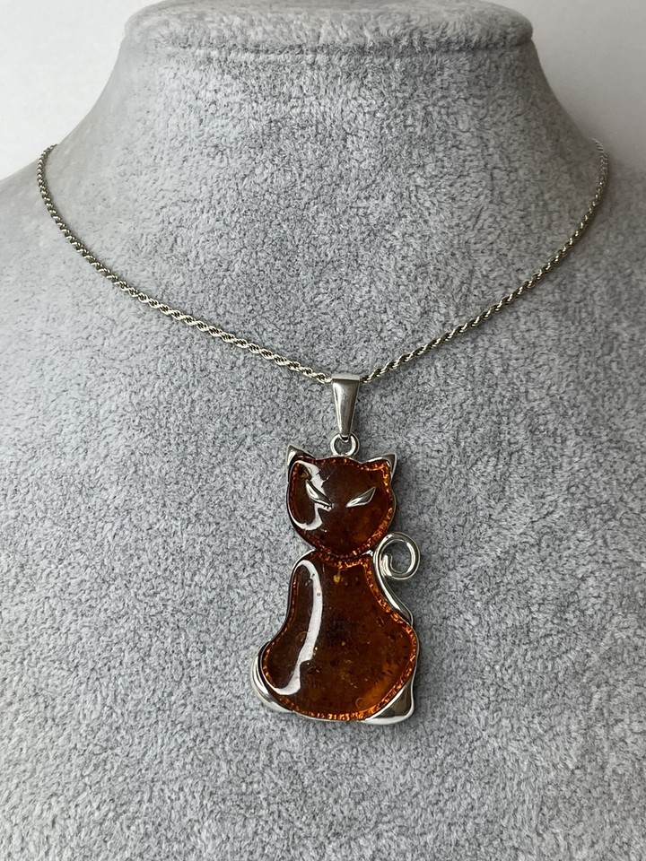 Baltic AMBER Stone CAT Pendant.COGNAC AMBER Cat PENDANT with Sterling ...