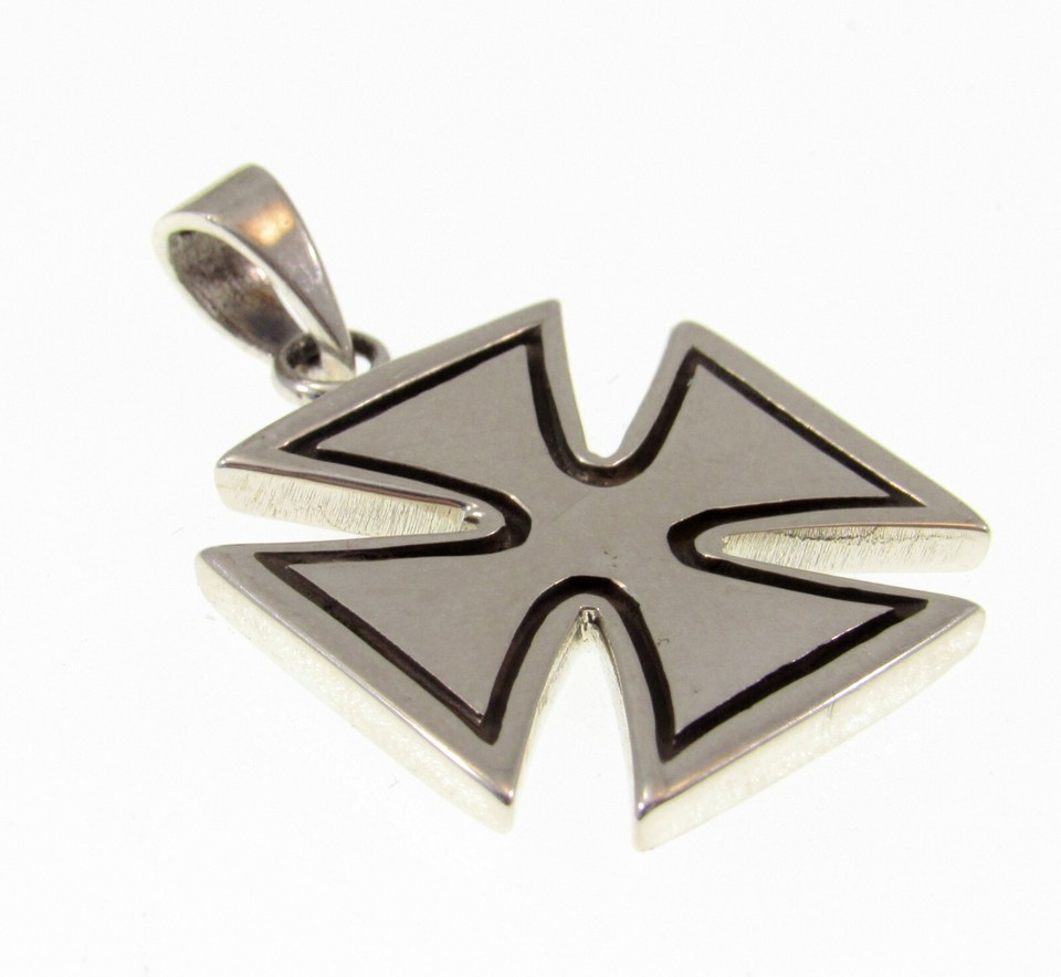 Solid 925 Sterling Silver Iron Cross Pendant - Mens Maltese Cross Biker ...