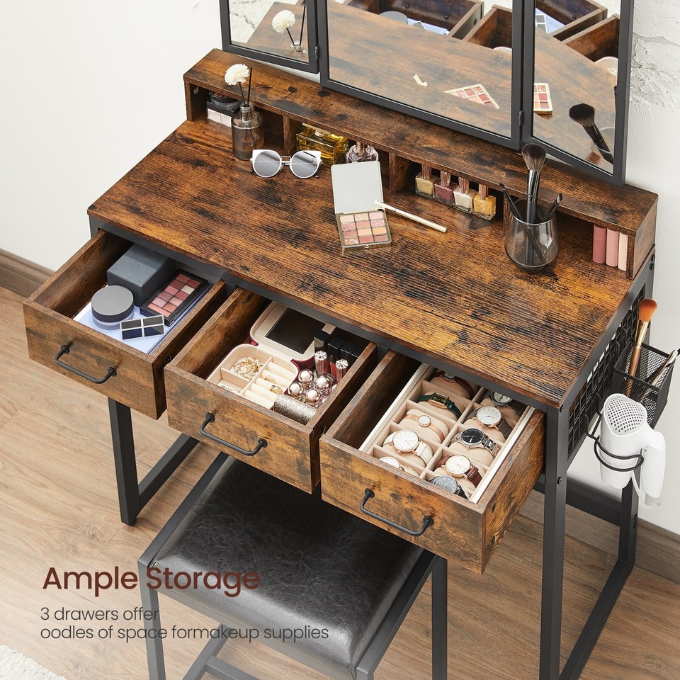 Dressing Table Vanity Table Mirror Makeup Desk Rustic Brown and Black ...