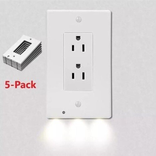 5 Pack Outlet Cover Built-In LED Night Light Bulbs Wall Plate Square ...