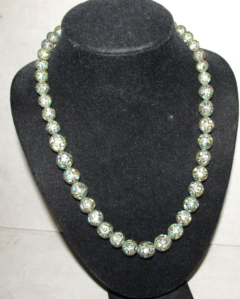 Vintage graduated necklace - turquoise mosaic beads set in metal ...