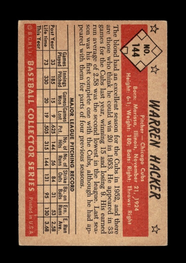 1953 Bowman Set-Break #144 Warren Hacker VG-VGEX *GMCARDS* | eBay