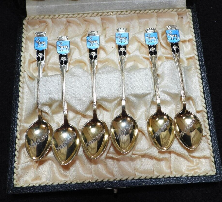 Lot of 6 Vintage Norne Sterling Enamel Demi Spoon Set Souvenir Tromso ...