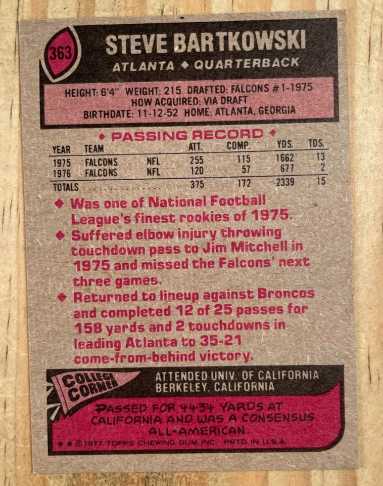 1977 TOPPS STEVE BARTKOWSKI 2ND YEAR CARD#363 RAMS FALCONS UNIVERSITY ...