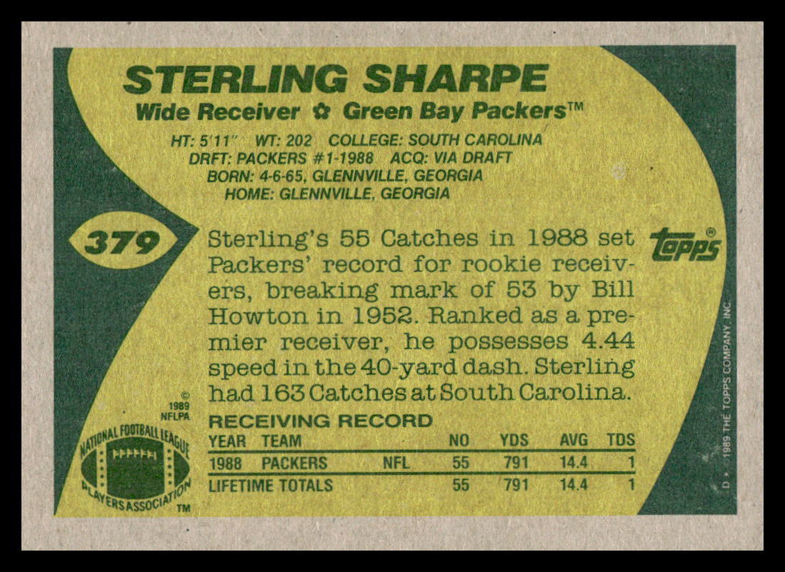 Sterling Sharpe 1989 Topps #379a Green Bay Packers RC Football Card | eBay