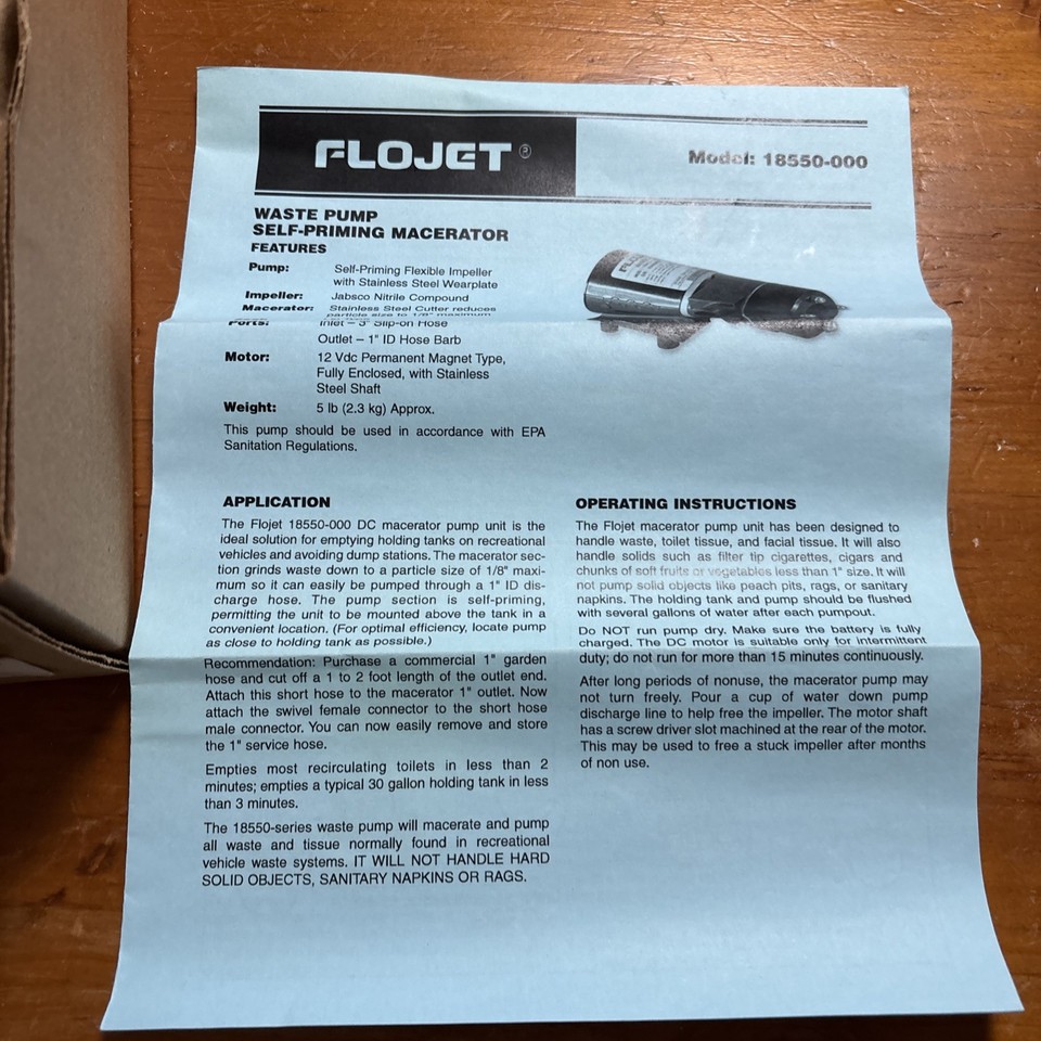 Flojet Xylem RV Waste Pump 12V #18550700C Self Priming NEW In BOX | eBay
