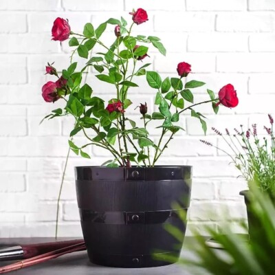 Large Round Barrel Tub Garden Planter Plant Flower Pot Black Home Patio ...