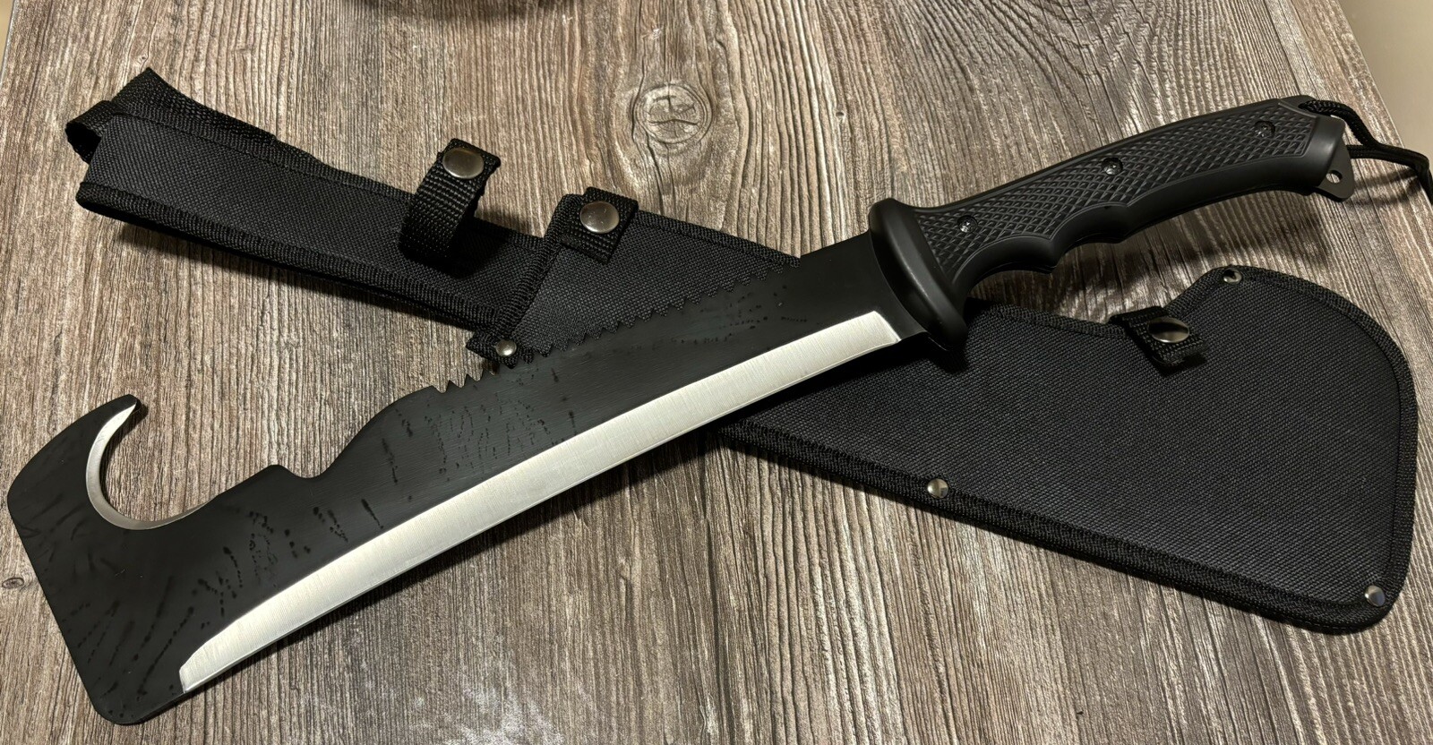 20” Tactical Machete Black Full Tang Swat Stealth Nylon Sheath Hook Saw ...