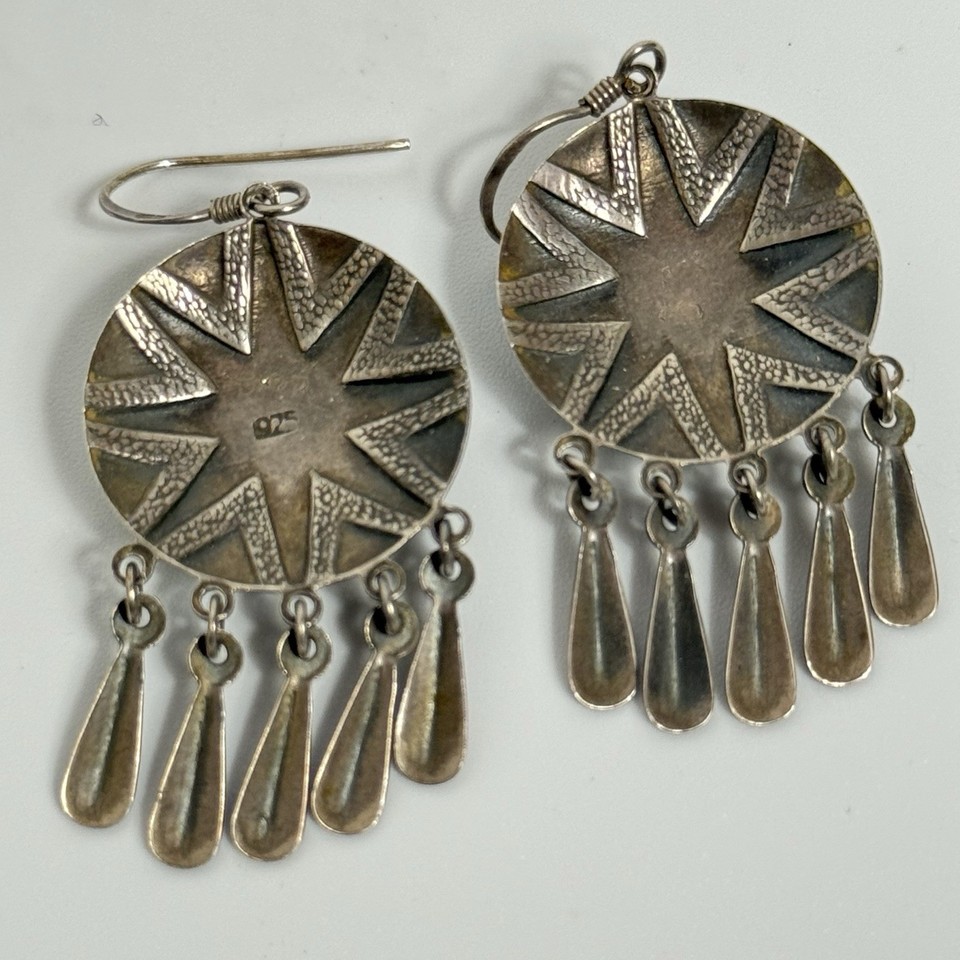 Vintage 925 Round Sterling Silver Malachite Drop Dangling Earrings ...