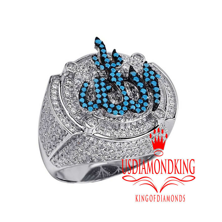 2 Tone Mens 10K White Gold On Pure Silver Lab Diamonds Islamic Allah ...