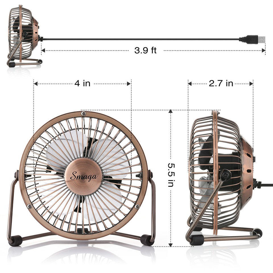 Mini USB Desk Fan - 4'' Metal & Retro & Quiet & Portable & Free Rotate ...