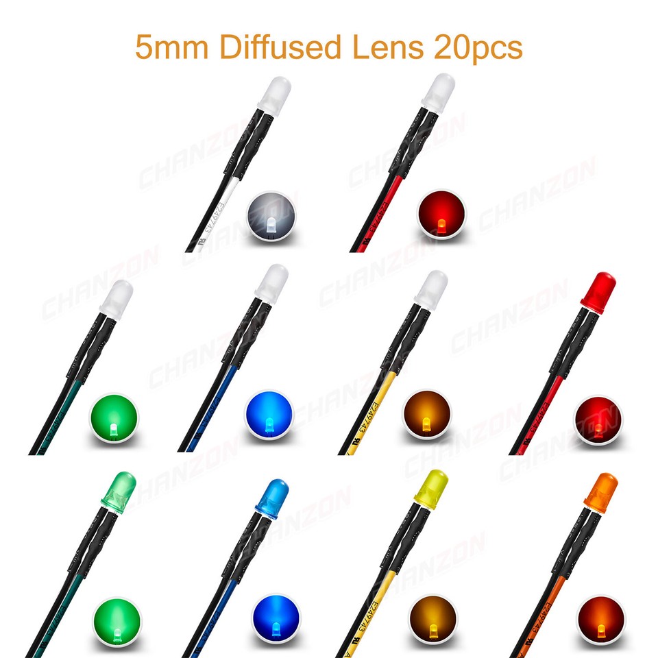 20PCS 12V 3mm 5mm Pre Wired LED lights Emitting Diode Kit White Red ...
