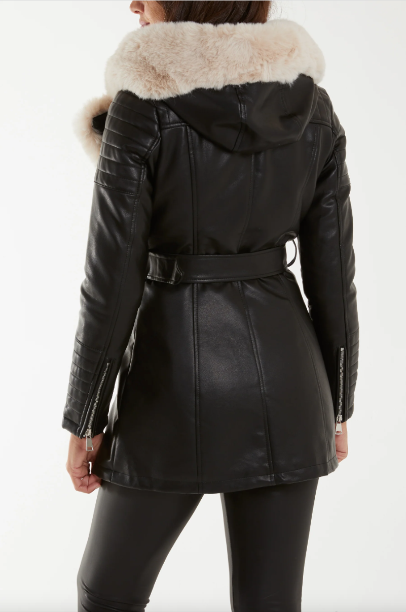 New Women Black Hooded PU Longline Biker Jacket with Fur. UK 8 10 12 14 ...