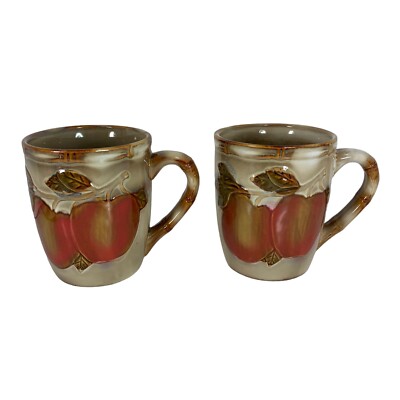 Embossed Apple Stoneware Mug Set of 2 Coffee Cup 16 oz Country ...