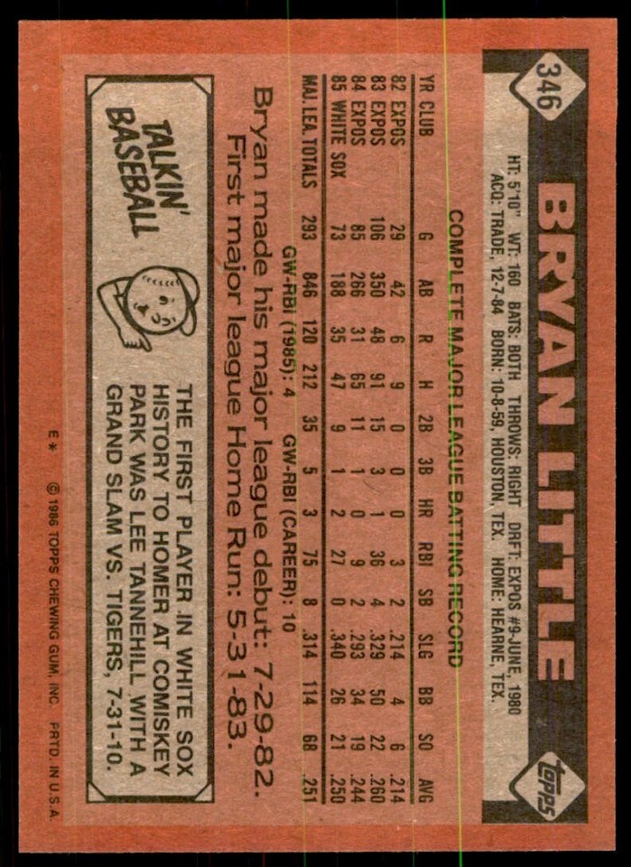 1986 Topps Baseball Card Bryan Little Chicago White Sox #346 | eBay