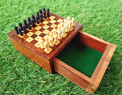 Handmade Wooden Mini Chess Board Game ~ Travel Vintage Chess Set Wooden ...