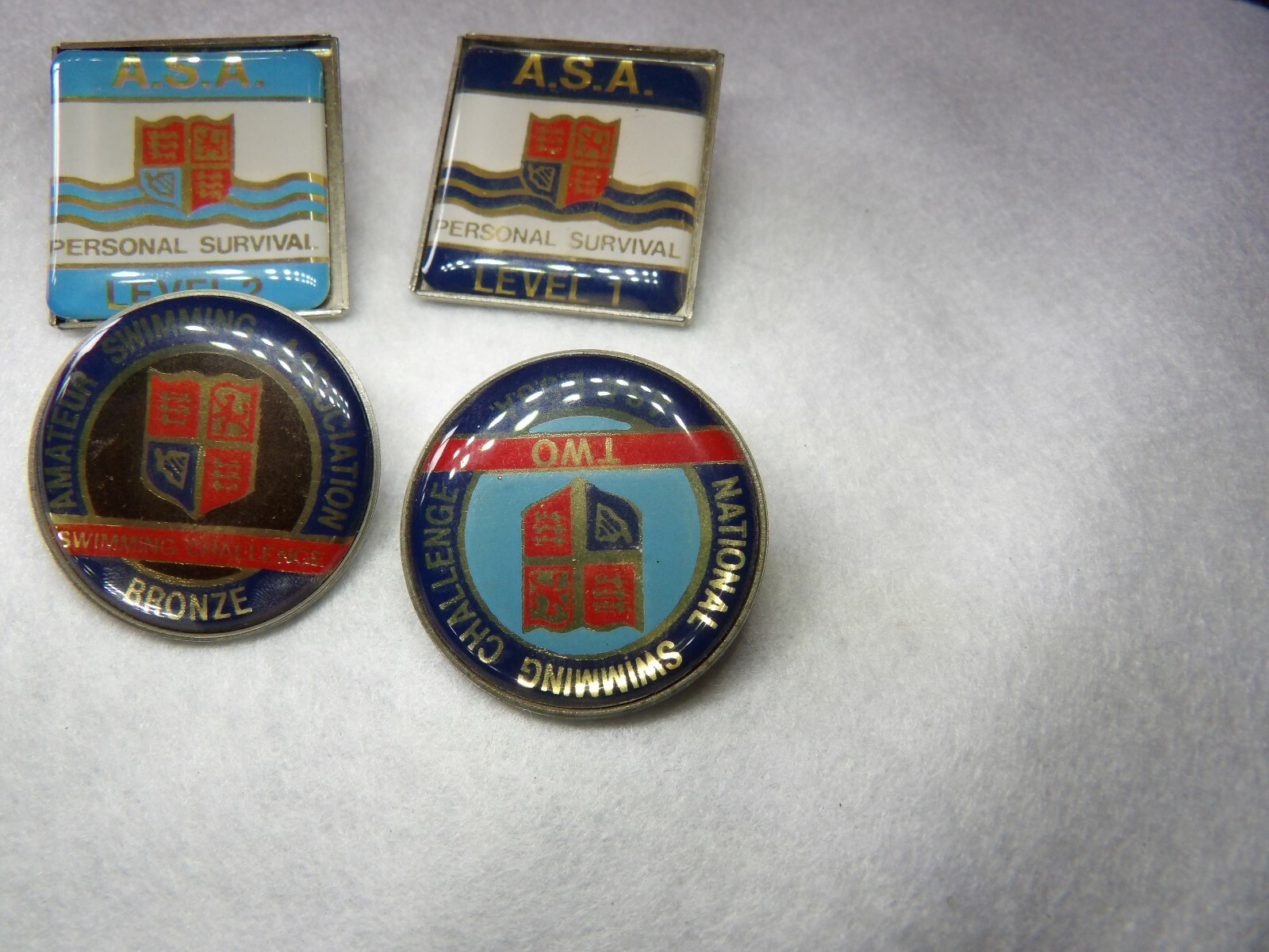 SET OF 4 ASA AMATEUR SWIMMING CHALLENGE BADGES PERSONAL SURVIVAL 1&2 ...