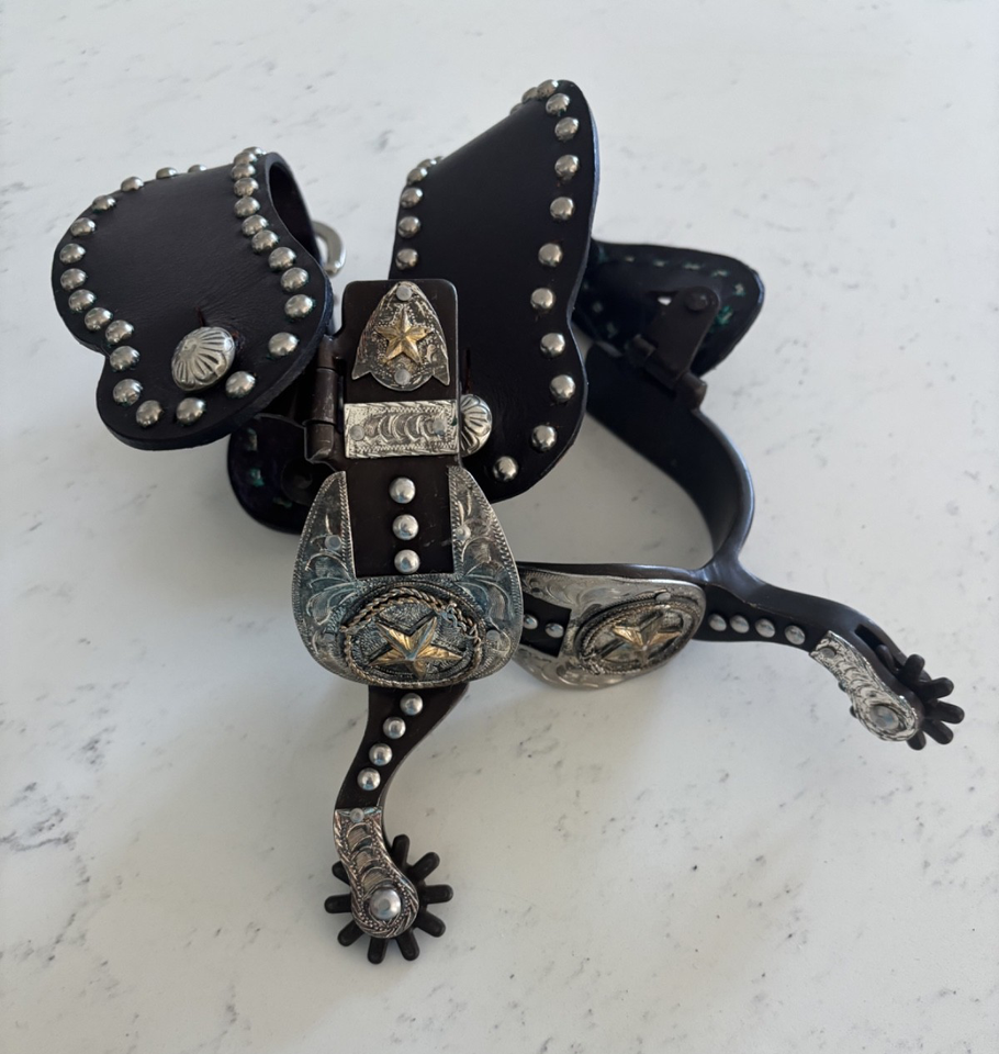 KELLY Star Antique brown SILVER BUCKLE SPURS W/ Studed Leather Straps ...