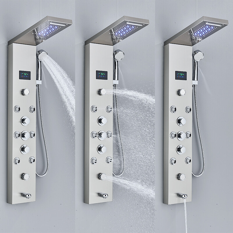 LED Shower Panel Column Tower Stainless Steel Black Waterfall Body Jet ...