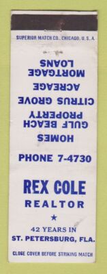 Matchbook Cover - Rex Cole Real Estate St Petersburg FL CREASES | eBay