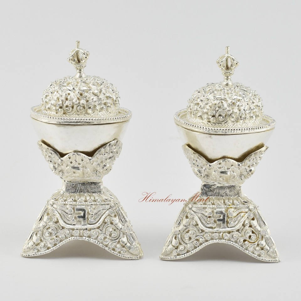 Fine Quality Hand Carved Silver-Plated Tibetan Ritual Kapala Set Patan ...